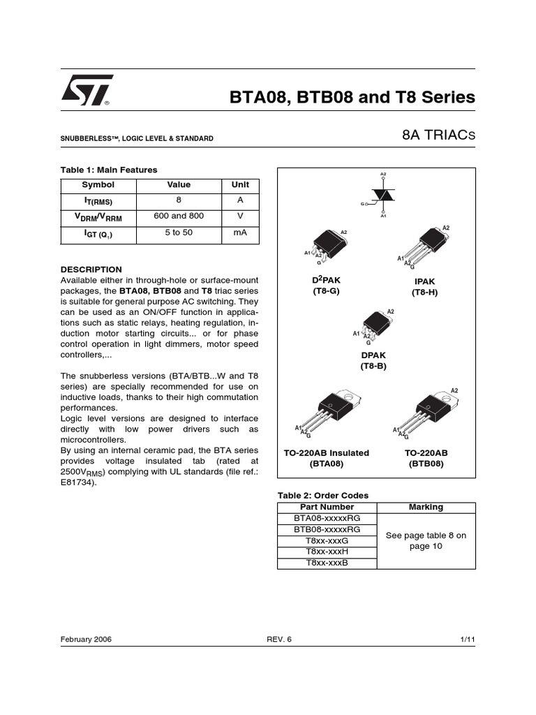 BTA08, BTB08 and T8 Series: 8A Triac | PDF | Computer Engineering ...