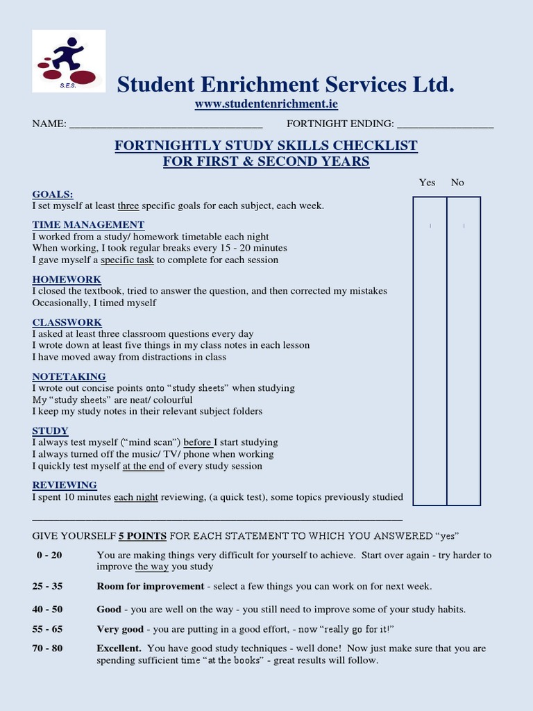 Student Enrichment Services LTD.: Fortnightly Study Skills Checklist ...