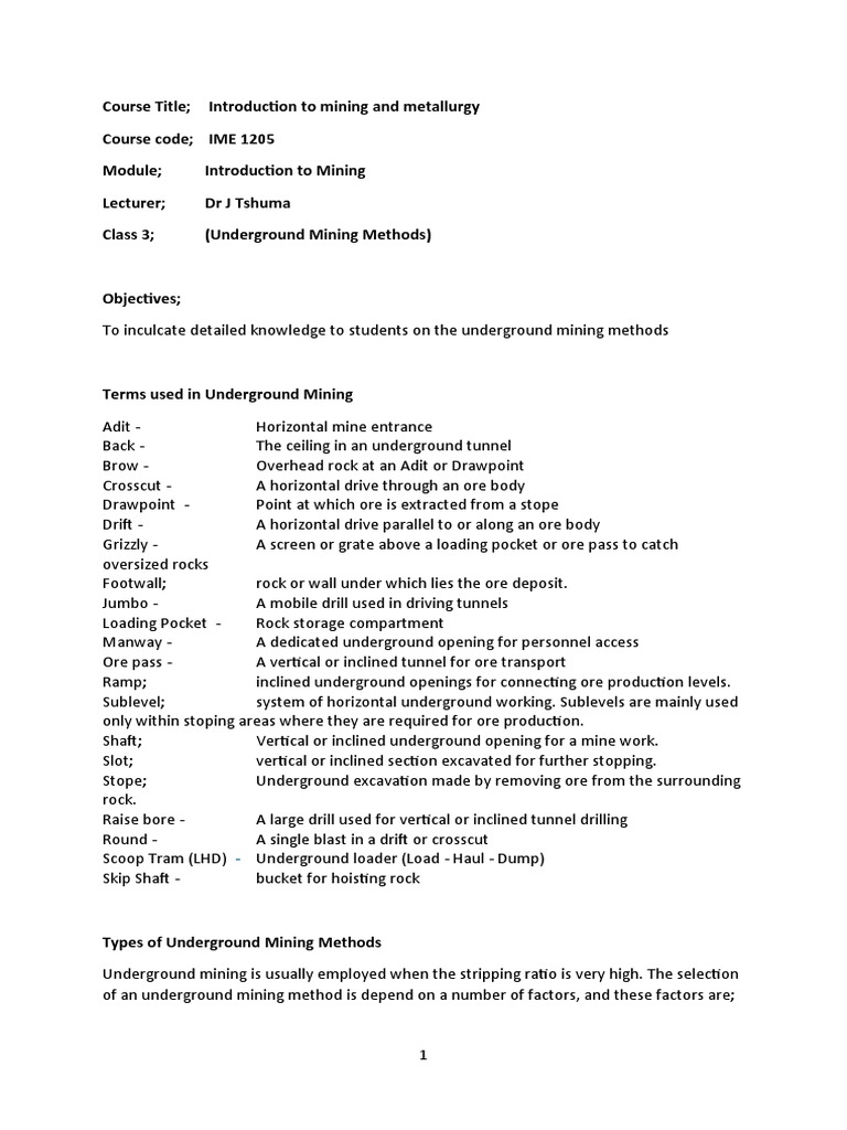 Lecture 3-Types of Underground Mining Methods - Lecture 3. | PDF ...