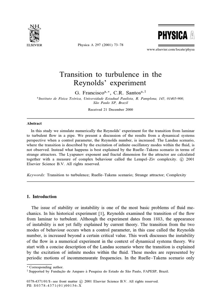 Transition To Turbulence in The Reynolds' Experiment: G. Francisco, C.R ...