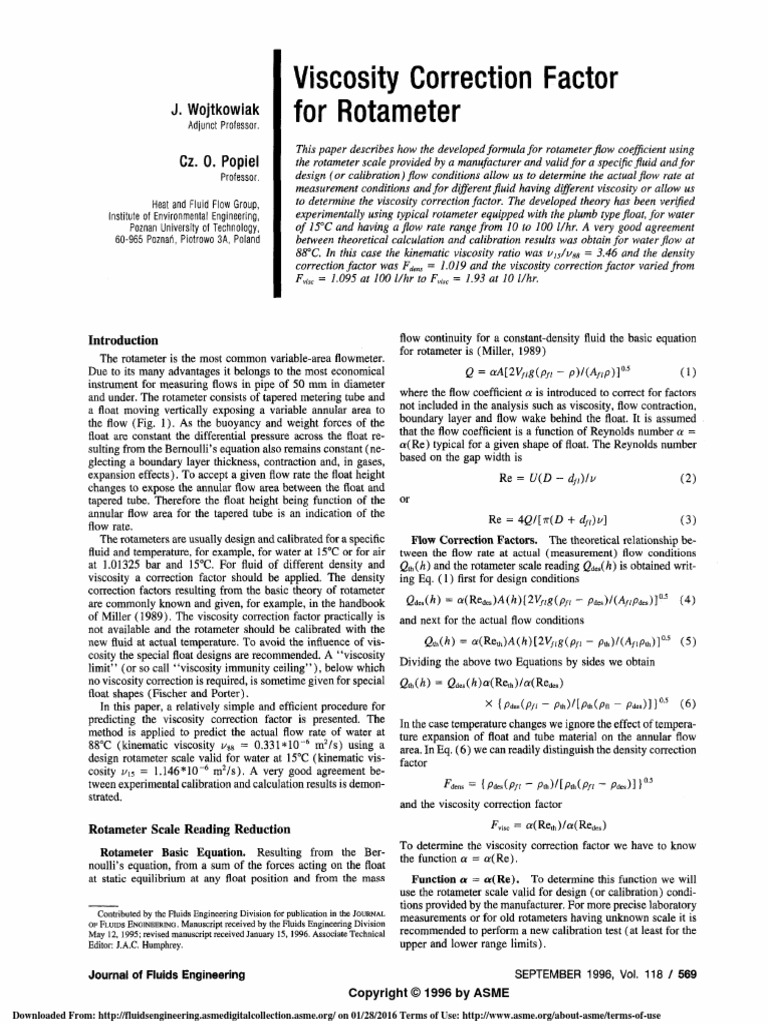 Viscosity Correction Factor For Rotameter: J. Wojtkowiak | Download ...
