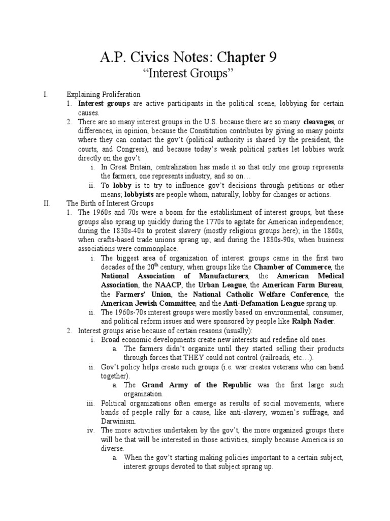 A.P. Civics Notes: Chapter 9: "Interest Groups" | PDF | Political ...