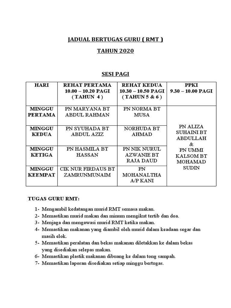 Jadual Bertugas Guru RMT 2017 | PDF