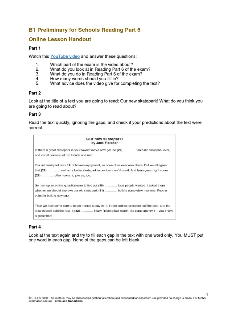 B1 Preliminary For Schools Reading Part 6 Online Lesson Handout | PDF