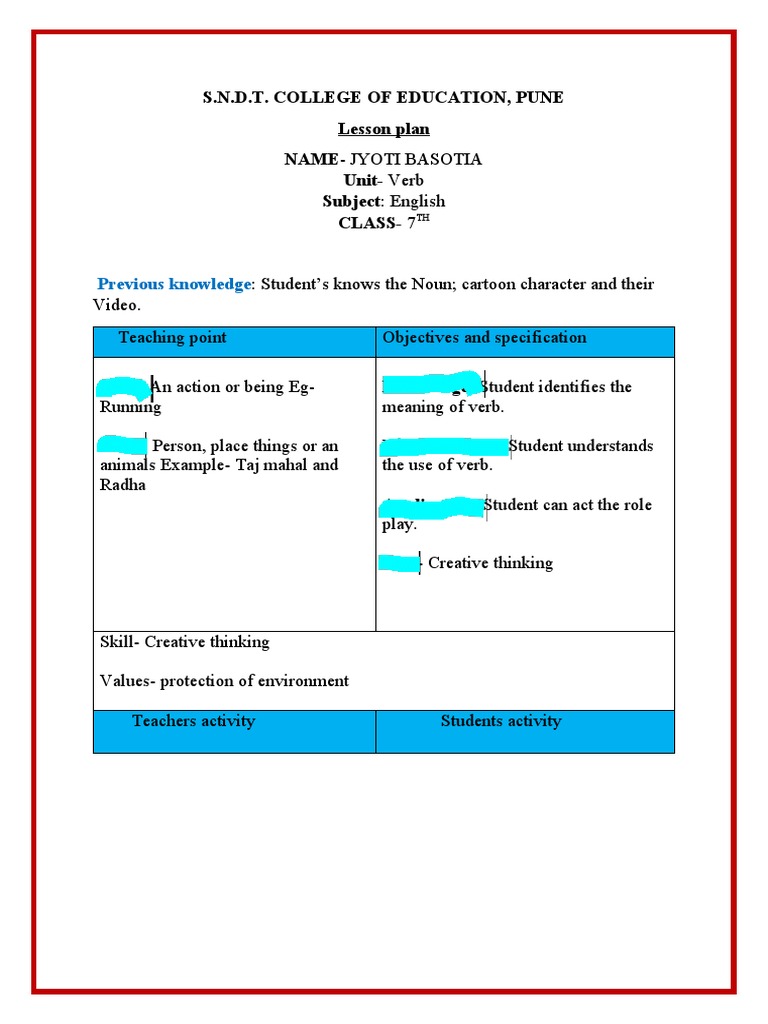 Verb Lesson Plan | PDF | Subject (Grammar) | Verb