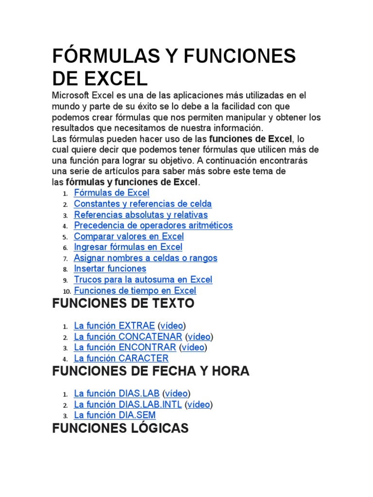 Funciones y Fórmulas Esenciales en Excel | PDF
