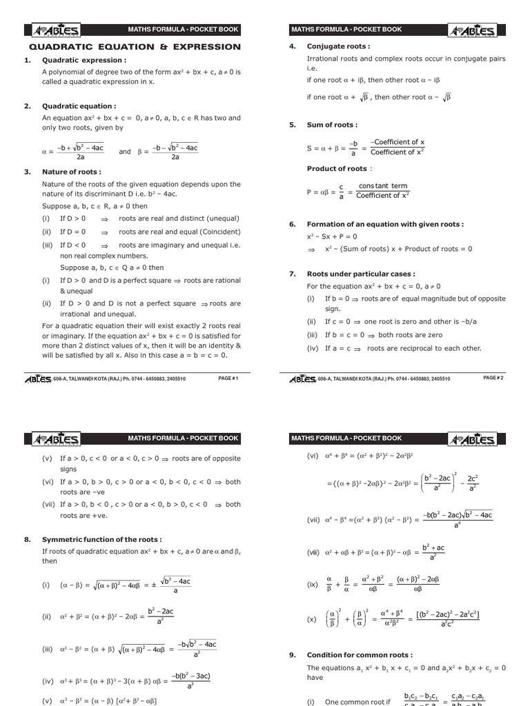 Math Formula Sheet AIEEE | PDF | Quadratic Equation | Zero Of A Function