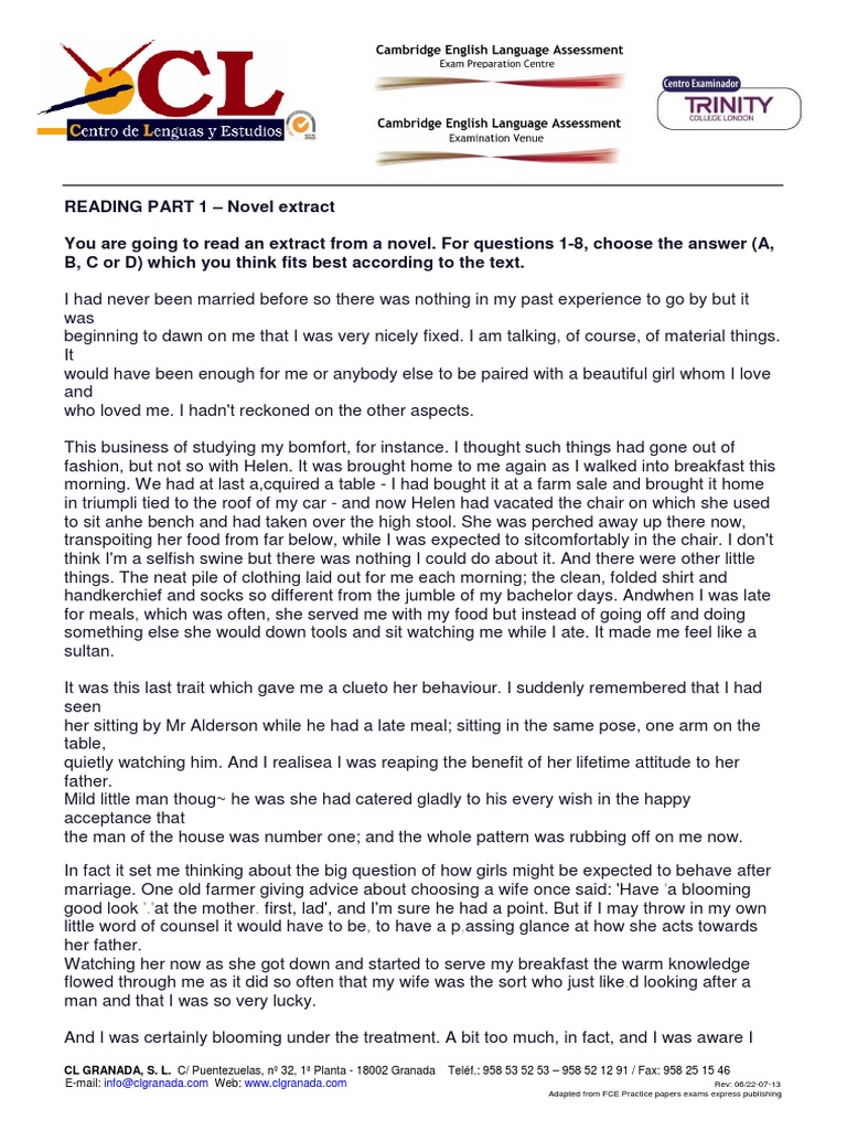 FCE - READING - Novel Extract PDF | PDF | Foods