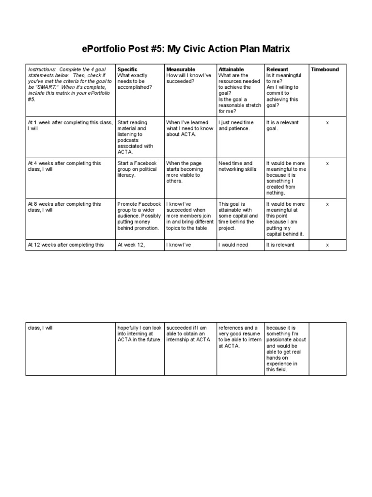 Final Post 5 My Civic Action Plan Matrix | PDF | Goal | Applied Psychology