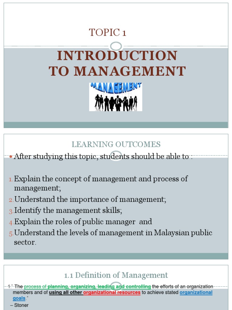 TOPIC 1-Intro To Management | PDF | Goal | Leadership