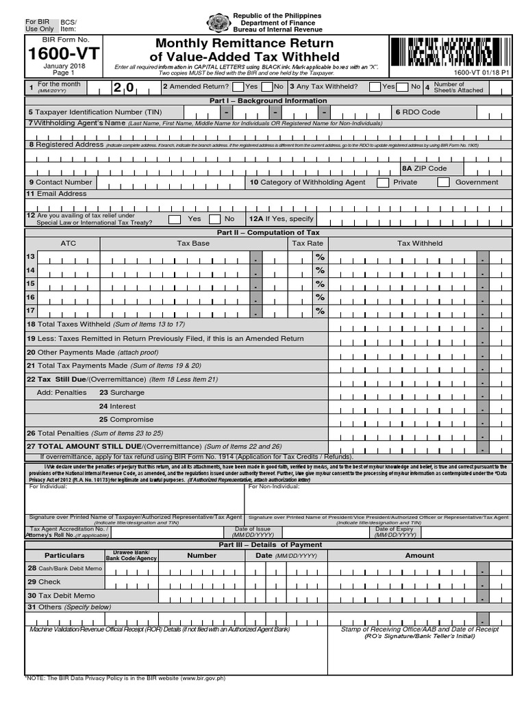 Monthly Remittance Return of Value-Added Tax Withheld 2 0: BIR Form No ...