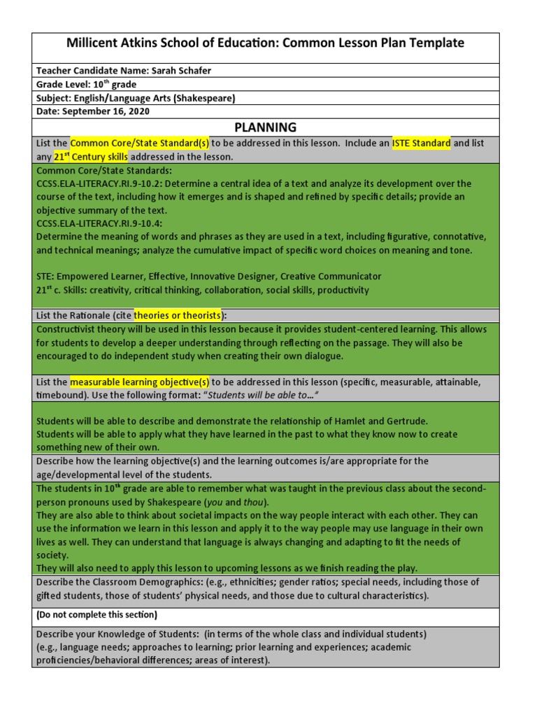 Millicent Atkins School of Education: Common Lesson Plan Template | PDF ...
