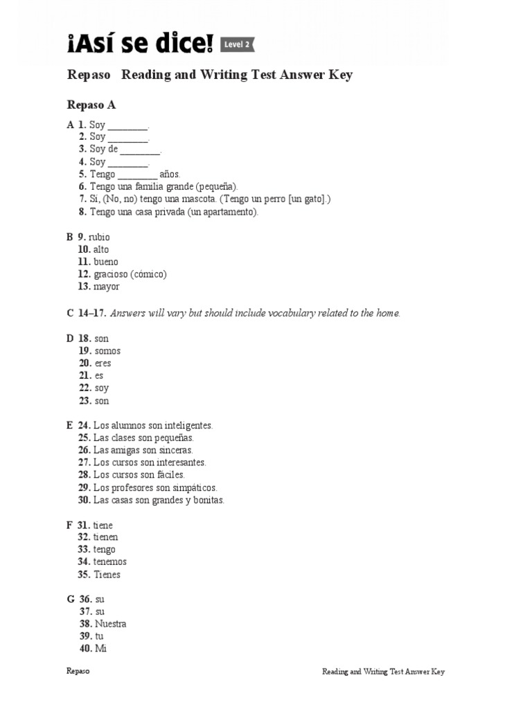 Repaso A F Reading and Writing Test Answer Keys | PDF | Alimentos | Cocina