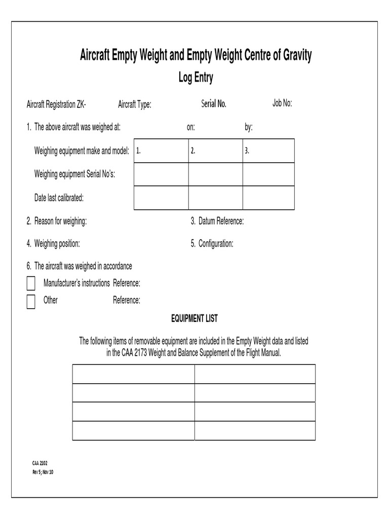 Aircraft Empty Weight and Empty Weight Centre of Gravity: Log Entry | PDF