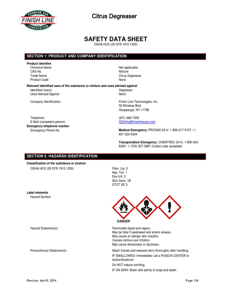 Citrus Degreaser - US SDS - English - 9 April 2014 | PDF | Dangerous ...
