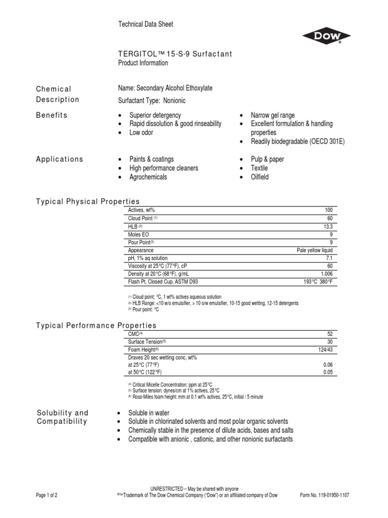 119 01950 01 Tergitol 15s9 Surfactant Tds | PDF | Surfactant | Chemical ...