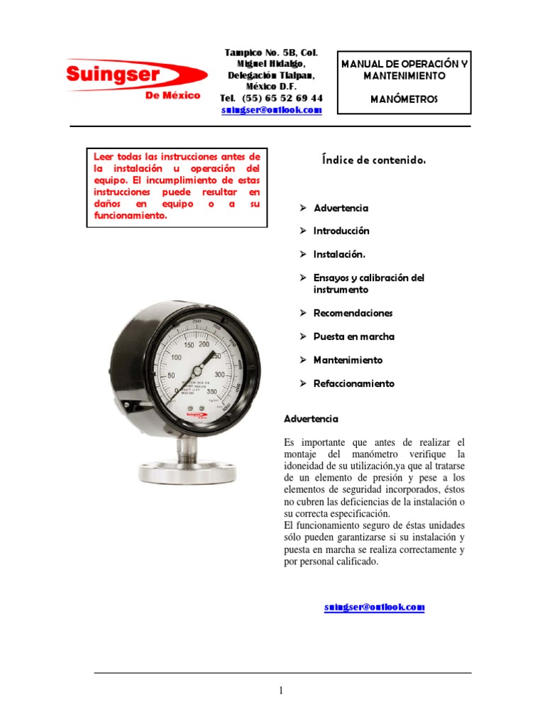 Manual de Operacion y Mantenimiento Manometros | PDF | Medida de ...