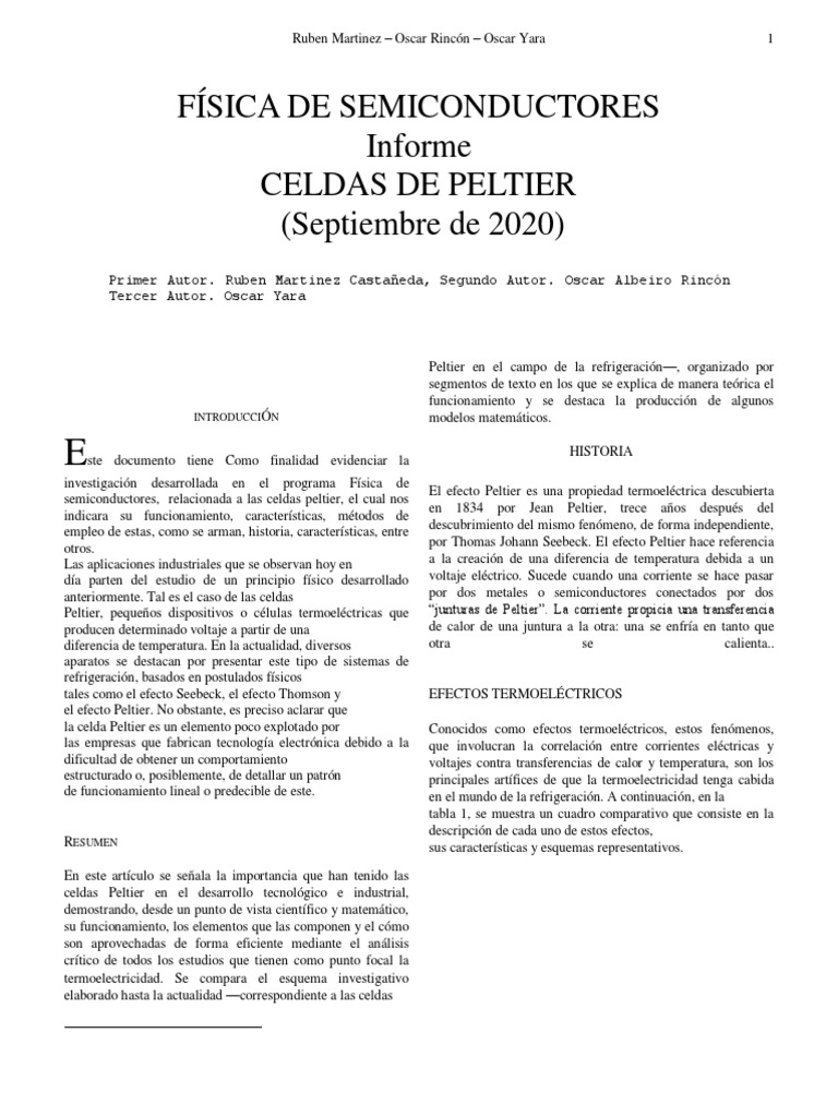 Informe Celdas Peltier PDF | PDF | Ramas de la termodinámica | Química Física