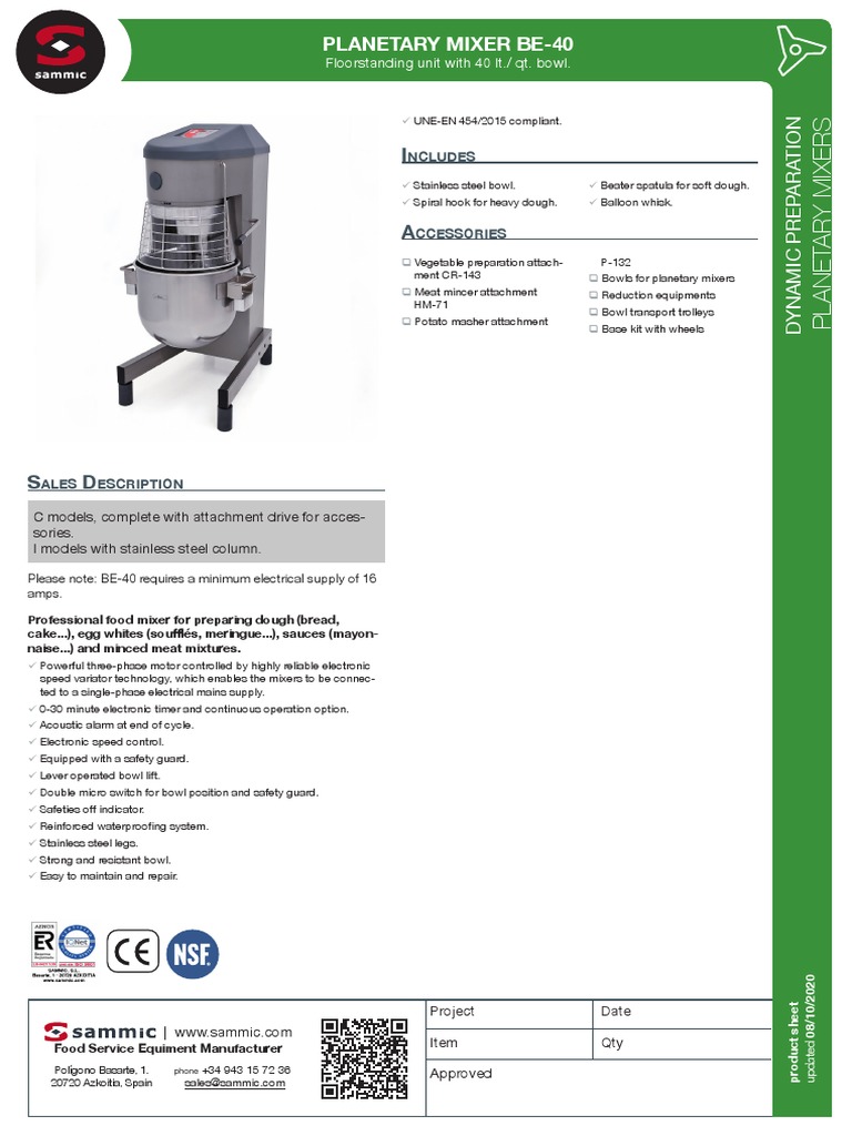 Spec Sheet Planetary Mixer Be 40 PDF | PDF | Foods