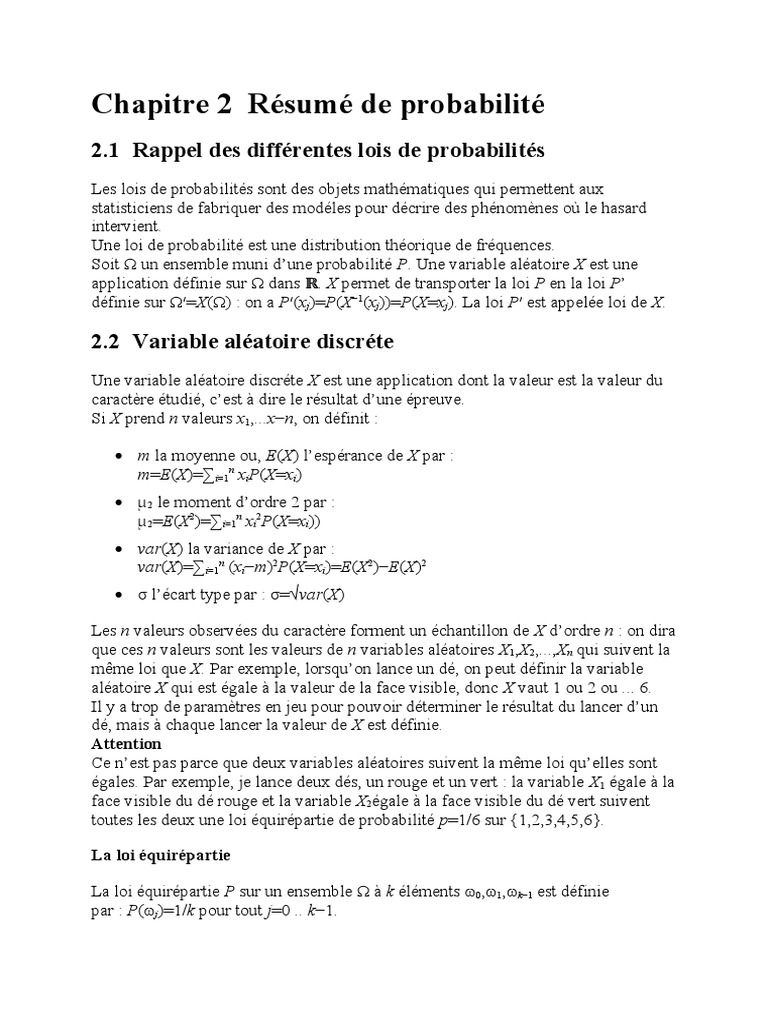 Resume Proba | Descargar gratis PDF | Loi de probabilité | Variance (mathématiques)