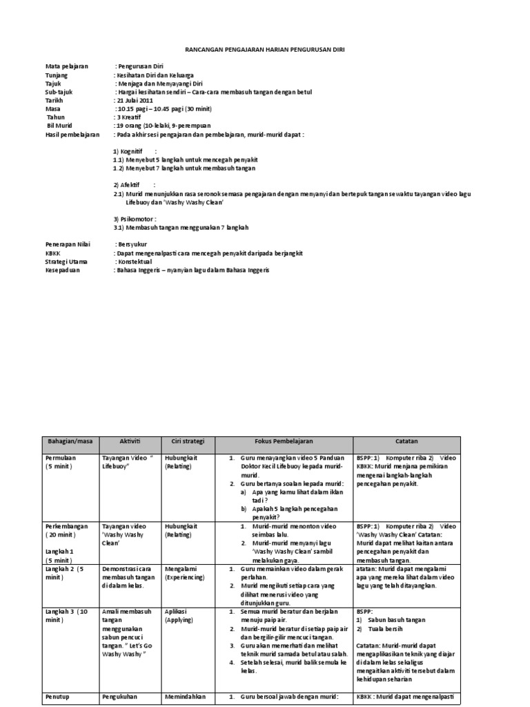 Rancangan Pengajaran Harian Pengurusan Diri | PDF