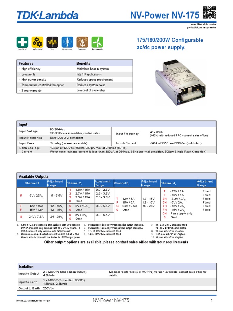 NV-Power NV-175: 175/180/200W Configurable Ac/dc Power Supply | PDF