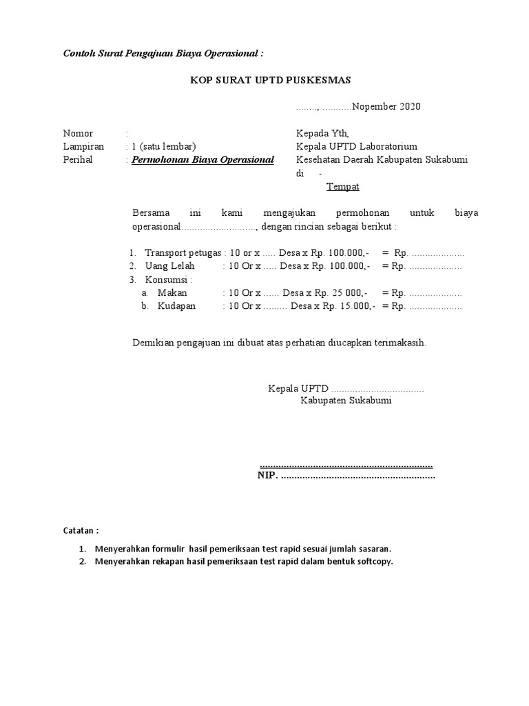 Contoh Surat Pengajuan Biaya Operasional | PDF