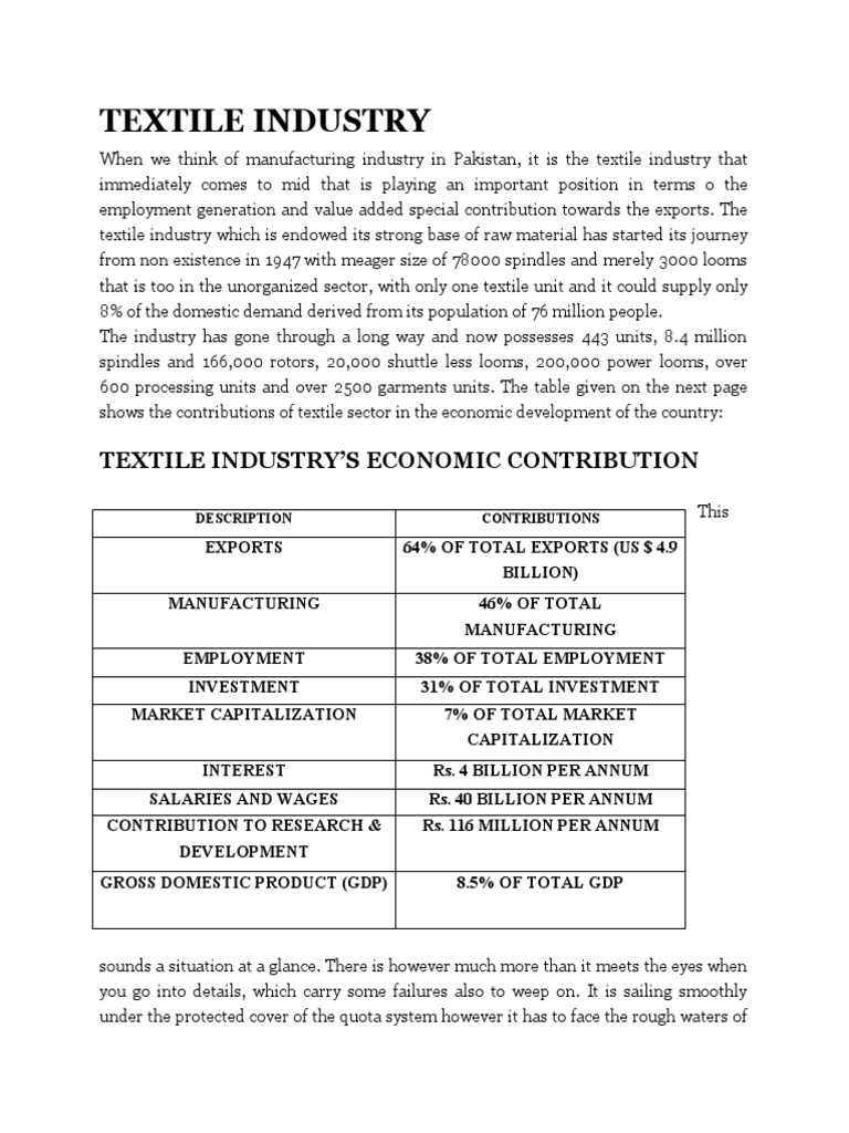 Textile Industry'S Economic Contribution | PDF | Payments | Yarn