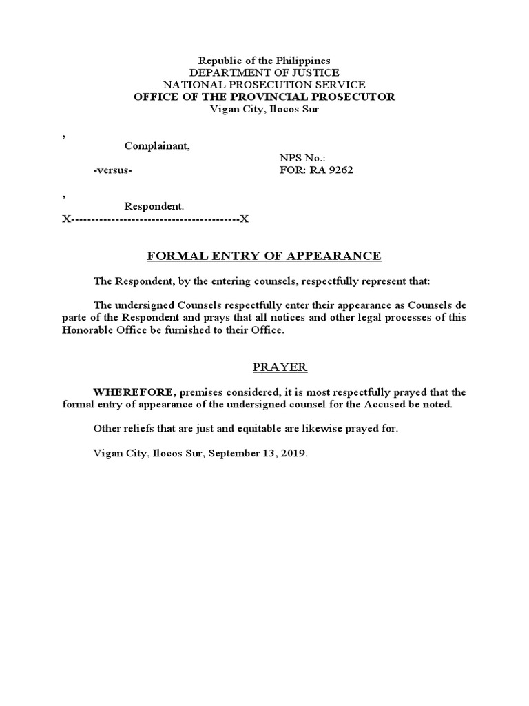 Formal Entry of Appearance Sample | PDF