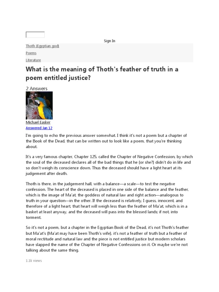 What Is The Meaning of Thoth's Feather of Truth in A Poem Entitled ...