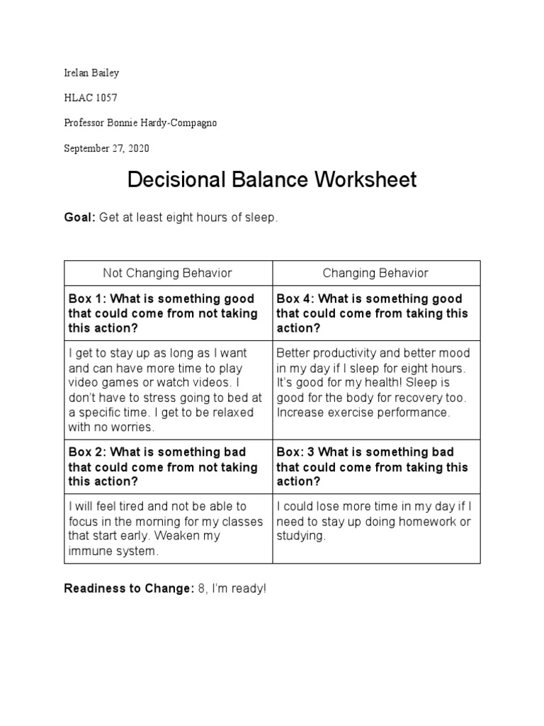 decisional balance worksheet