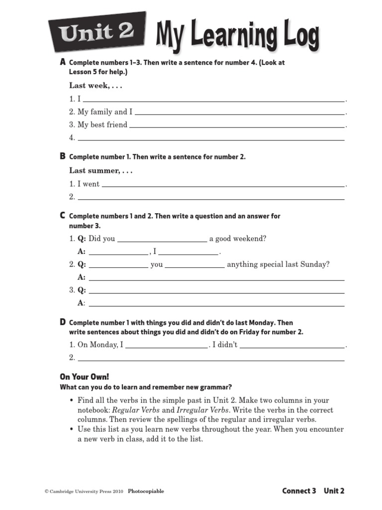 Connect2 Level3 Unit2 Learning Log Photocopiable Worksheet | PDF