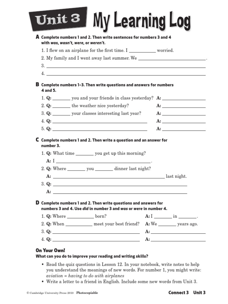 Connect2 Level3 Unit3 Learning Log Photocopiable Worksheet | PDF