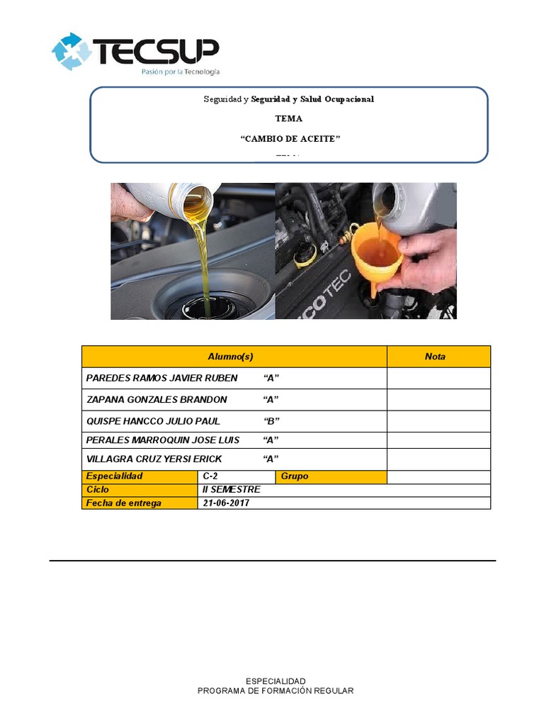 Informe Cambio de Aceite | PDF | Coche | Petróleo
