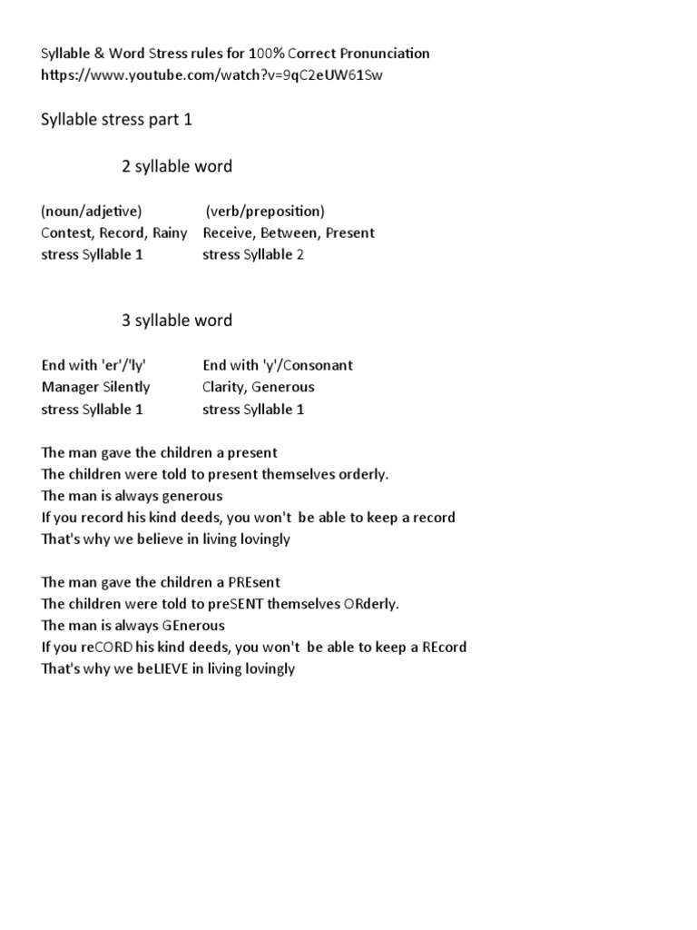 Syllable & Word Stress Rules | PDF