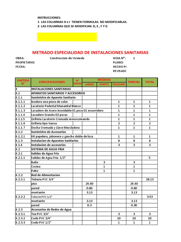 Planilla Metrados Especialidad Instalaciones Sanitarias | PDF | Tap (Válvula) | Inicio