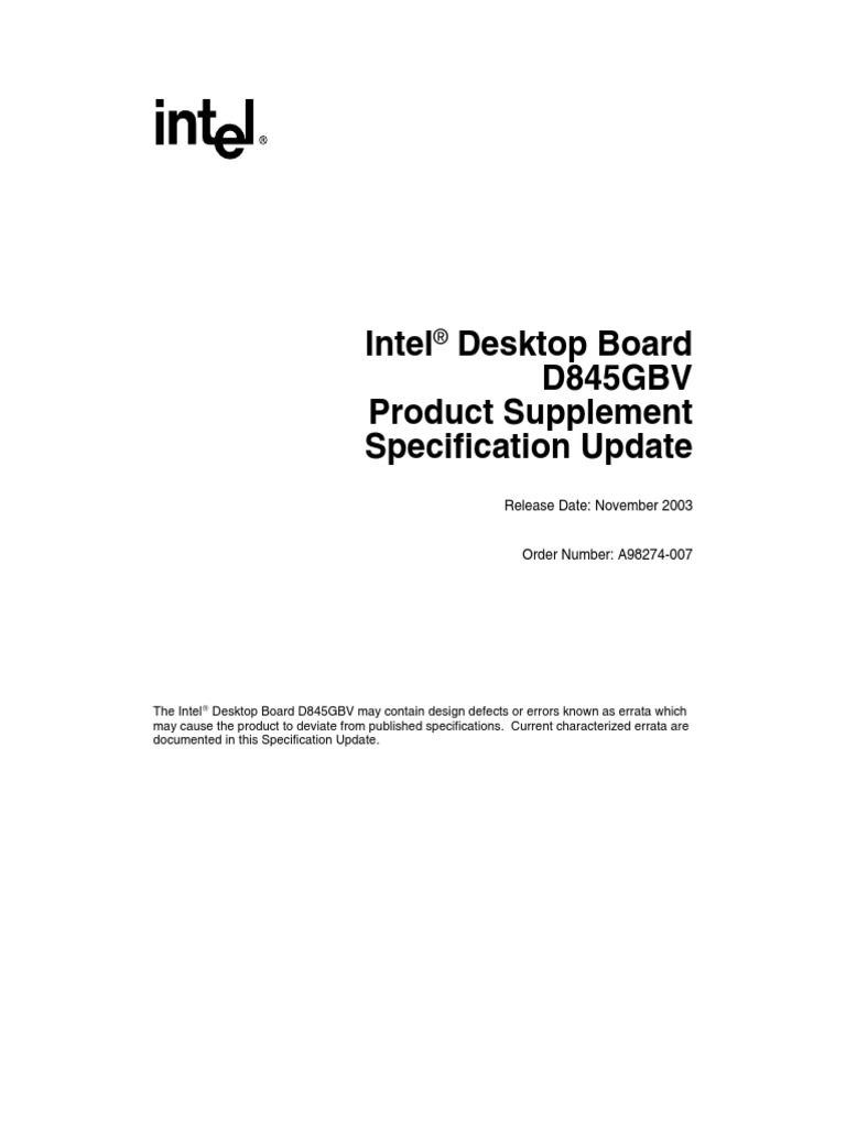 Intel Desktop Board D845GBV Product Supplement Specification Update ...