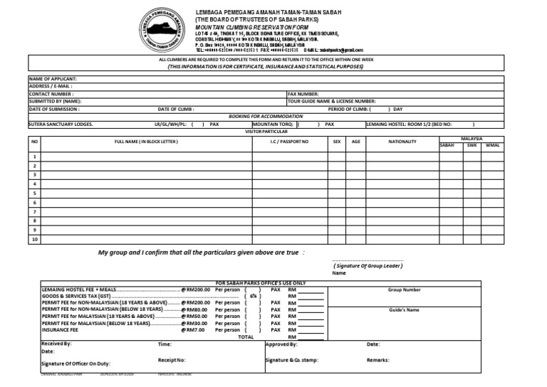 Mountain Climbing Reservation Form: (This Information Is For ...