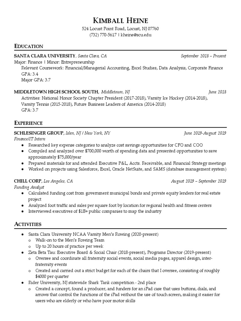 Kimball Resume 2020 - Junior Year | PDF | Business | Finance (General)