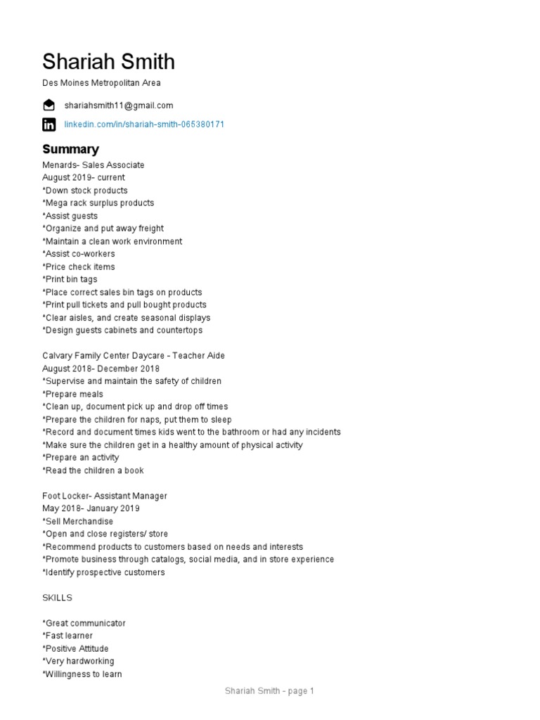 Resume Shariah Smith | PDF | Learning | Behavior Modification