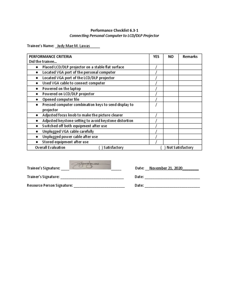 Performance Checklist 6.3-1: Connecting Personal Computer To LCD/DLP ...