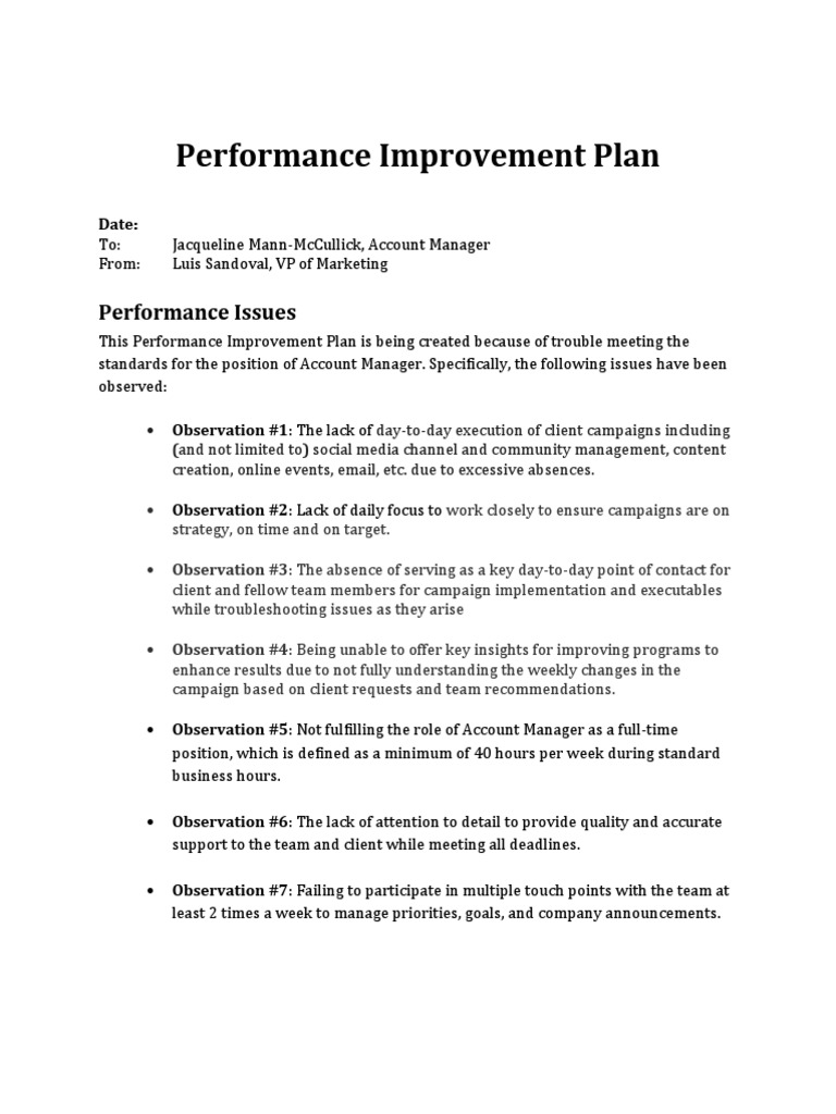 Performance Improvement Plan Template | PDF | Communication | Business