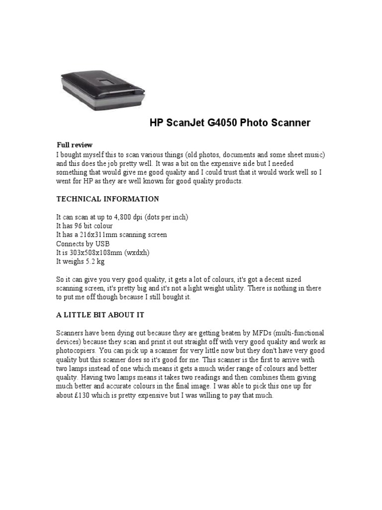 HP ScanJet G4050 Photo Scanner | PDF | Image Scanner | Office Equipment