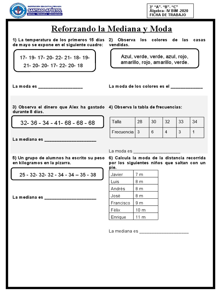 Hojas De Trabajo Imprimibles De Media, Mediana Y Moda Boletín