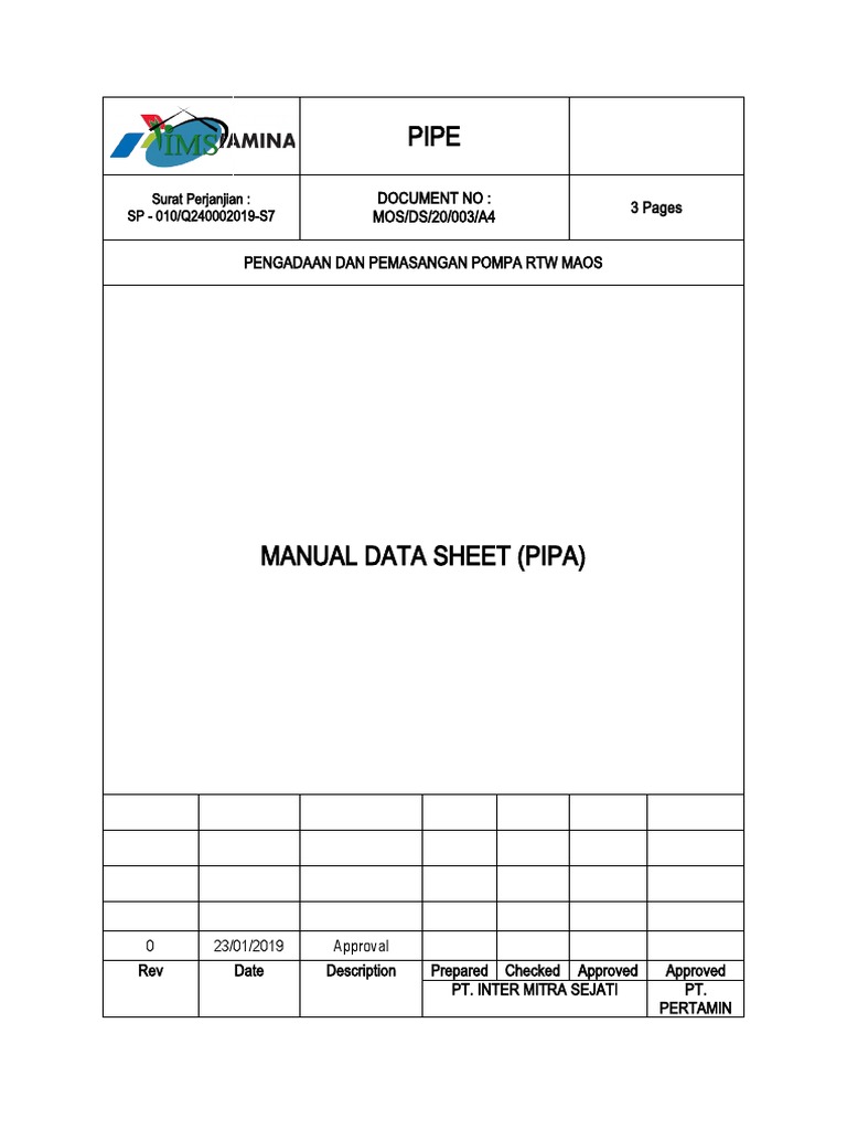 001 Manual Data Sheet Pipa | PDF | Pipe (Fluid Conveyance) | Materials
