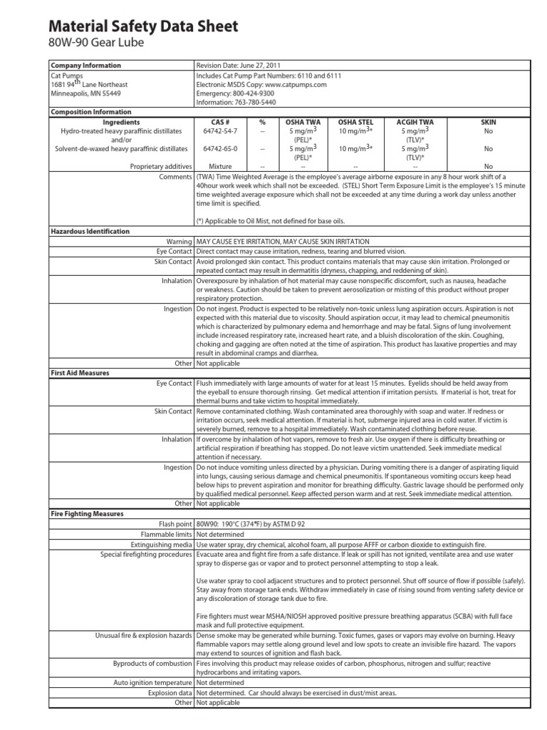 Material Safety Data Sheet: 80W-90 Gear Lube | PDF | Resource ...