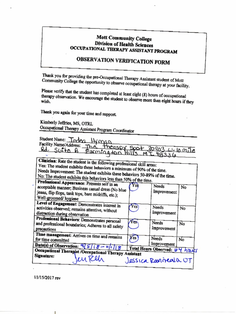 Occupational Therapy Observation Form | PDF | Career & Growth