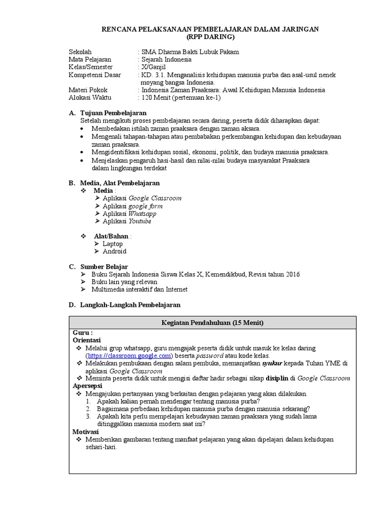 Contoh RPP Daring Kelas X | PDF