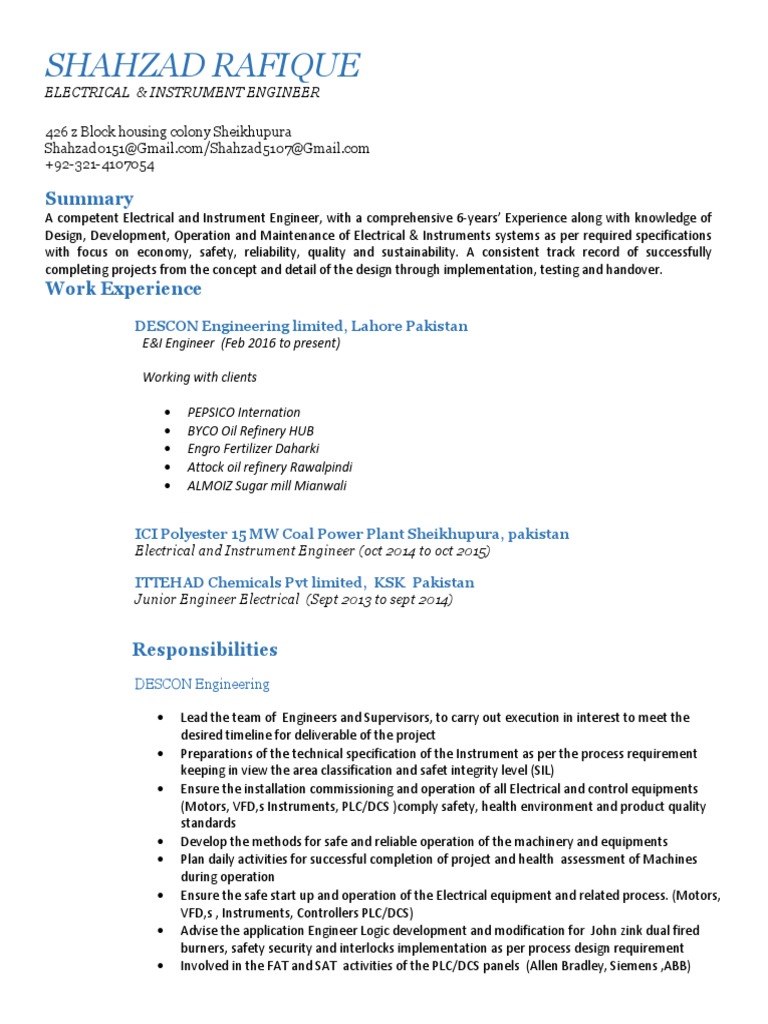 Rozee CV 12412862 Shahzad Rafique | PDF | Electrical Wiring | Programmable Logic Controller