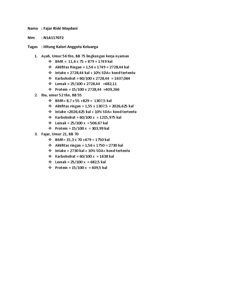 Nama: Fajar Riski Maydani Nim: N1A117072 Tugas: Hitung Kalori Anggota ...
